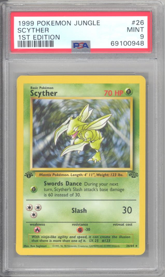 PSA 9 - Pokemon Card - Jungle 26/64 - SCYTHER (rare) *1st Edition* - MINT: BBToyStore.com - Toys ...