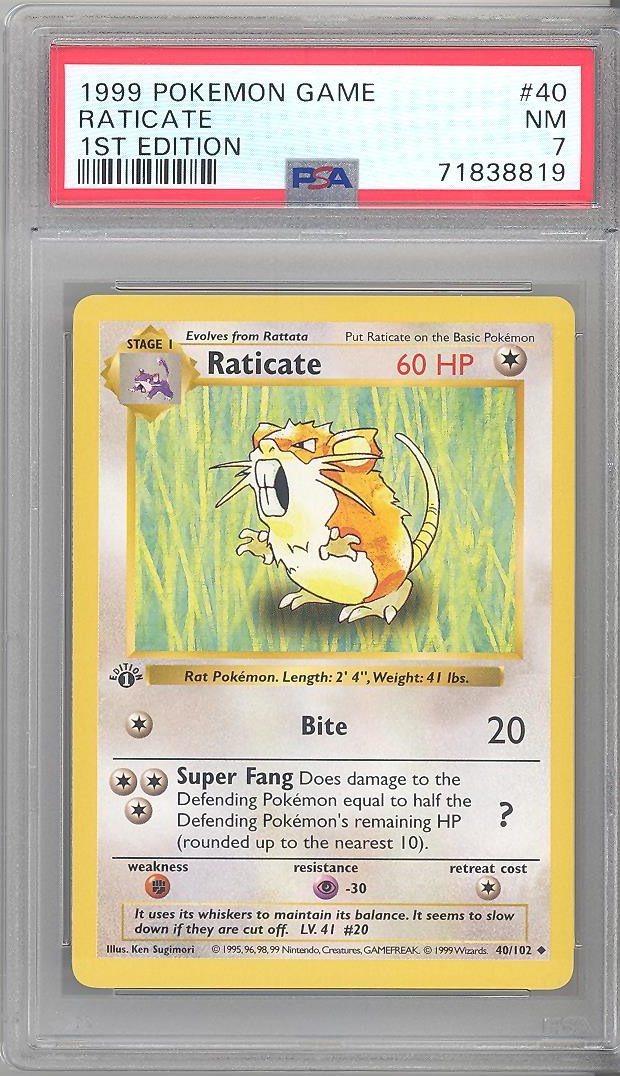 PSA 7 - Pokemon Card - Base 40/102 - RATICATE (uncommon) *1st Edition ...