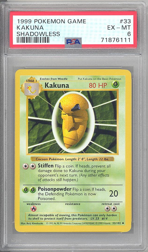 PSA 6 - Pokemon Card - Base 33/102 - KAKUNA (uncommon) *Shadowless* - EX-MT: BBToyStore.com ...