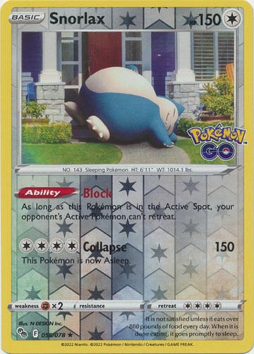 Pokemon Card Pokemon GO 055 078 SNORLAX REVERSE holo foil BBToyStore Toys Plush Trading Cards Action Figures Games online retail store shop sale