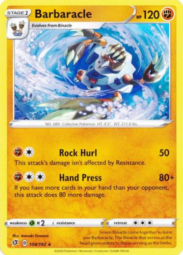 Pokemon Card - S&S: Rebel Clash 104/192 - BARBARACLE (rare): BBToyStore ...