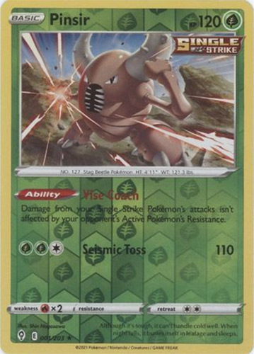 Pokemon Card - Evolving Skies 001/203 - PINSIR (REVERSE holo-foil ...