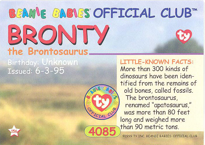 TY Beanie Babies BBOC Card - Series 2 Common - BRONTY the Brontosaurus ...