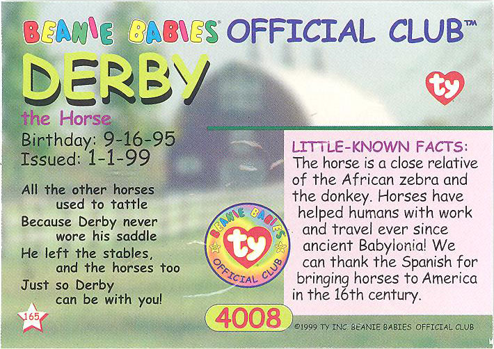 TY Beanie Babies BBOC Card - Series 2 Common - DERBY the Horse (Fur ...