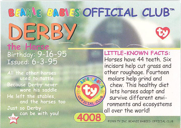 TY Beanie Babies BBOC Card - Series 2 Common - DERBY the Horse (No Star ...
