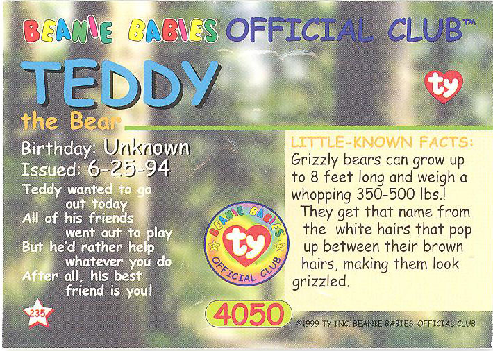 TY Beanie Babies BBOC Card - Series 2 Common - TEDDY BROWN OLD FACE ...