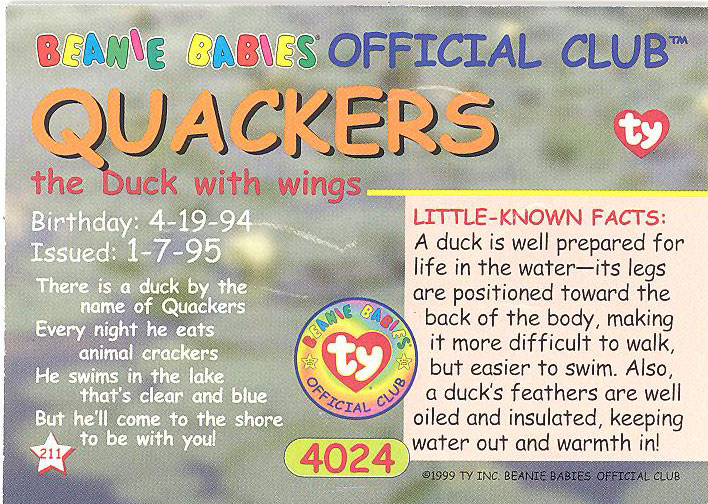 TY Beanie Babies BBOC Card - Series 2 Common - QUACKERS the Duck (w ...