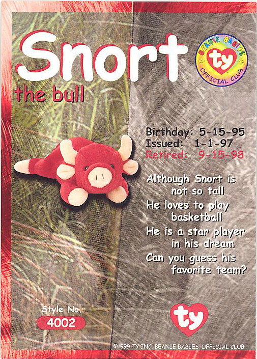TY Beanie Babies BBOC Card - Series 2 Retired (BLUE) - SNORT the Bull ...