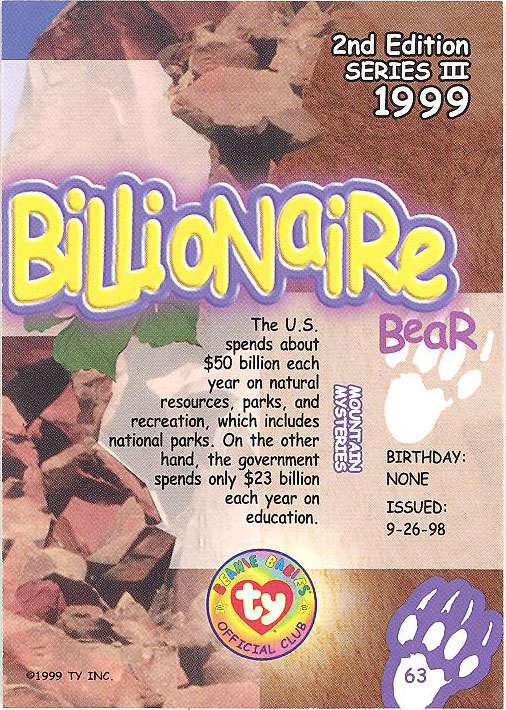 TY Beanie Babies BBOC Card - Series 3 Common - BILLIONAIRE the Bear ...