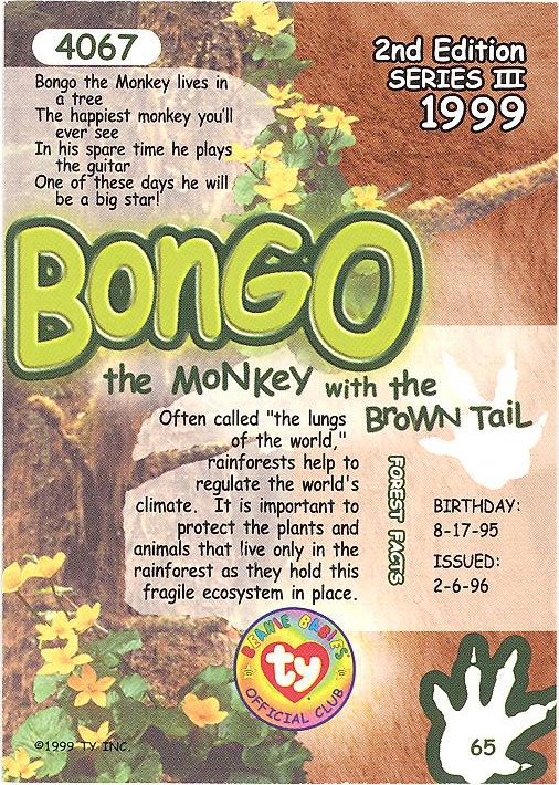 TY Beanie Babies BBOC Card - Series 3 Common - BONGO the Monkey ...