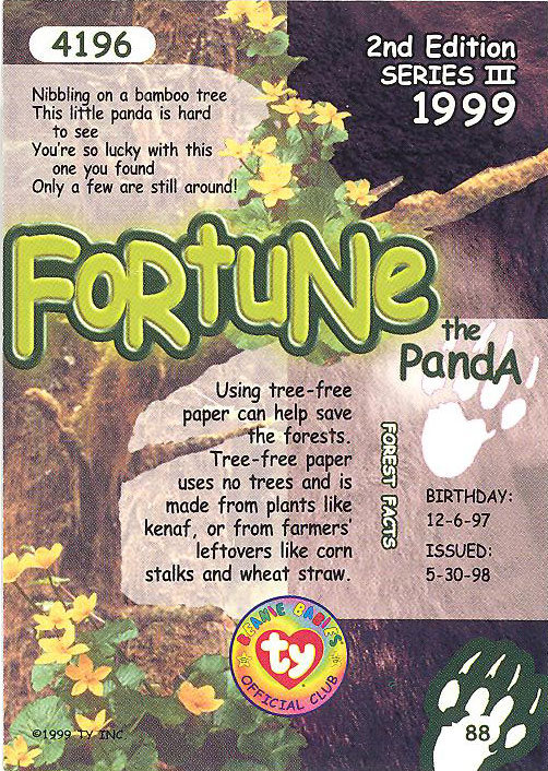 TY Beanie Babies BBOC Card - Series 3 Common - FORTUNE the Panda ...