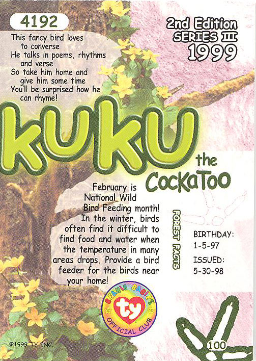 TY Beanie Babies BBOC Card - Series 3 Common - KUKU the Cockatoo ...