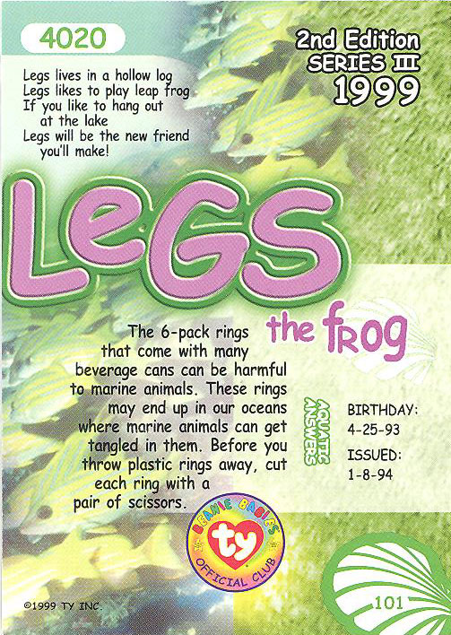 TY Beanie Babies BBOC Card - Series 3 Common - LEGS the Frog ...