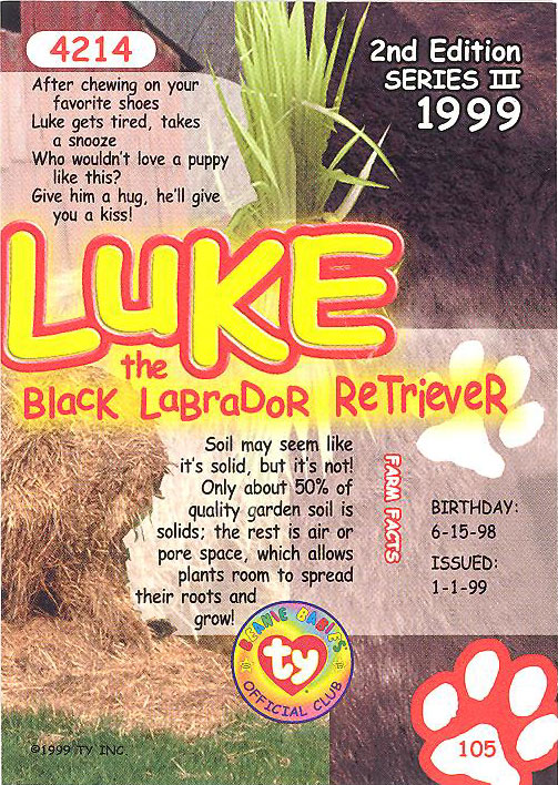 TY Beanie Babies BBOC Card - Series 3 Common - LUKE the Black Lab ...