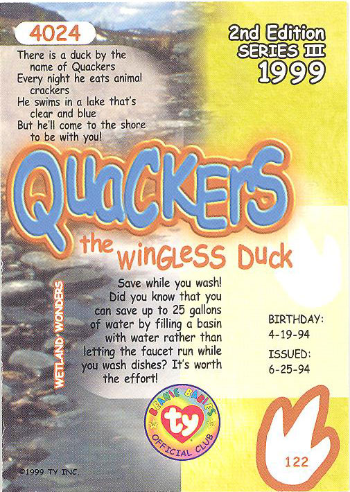 TY Beanie Babies BBOC Card - Series 3 Common - QUACKERS the Duck ...
