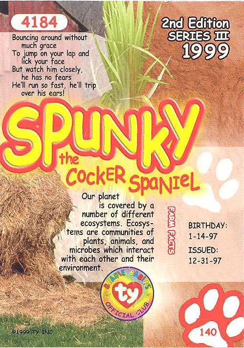 TY Beanie Babies BBOC Card - Series 3 Common - SPUNKY the Cocker ...