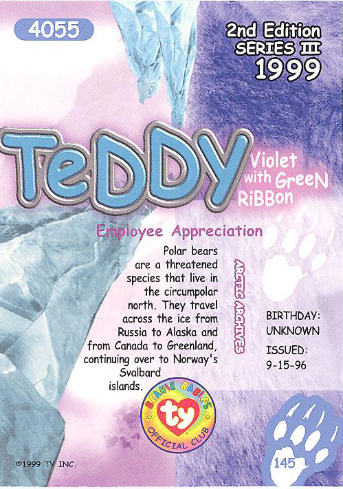 TY Beanie Babies BBOC Card - Series 3 Common - TEDDY Bear (Red Ribbon ...