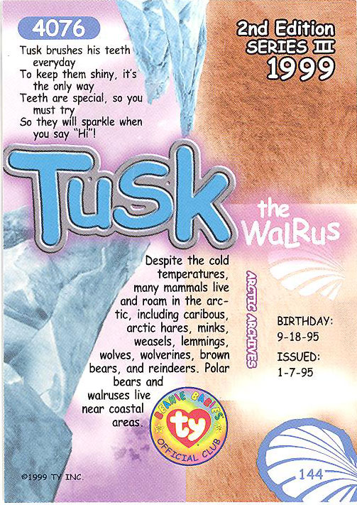 TY Beanie Babies BBOC Card - Series 3 Common - TUSK the Walrus ...