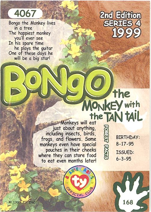 TY Beanie Babies BBOC Card - Series 4 Common - BONGO the Monkey ...