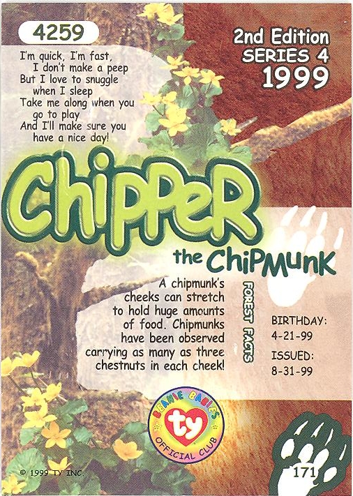 TY Beanie Babies BBOC Card - Series 4 Common - CHIPPER the Chipmunk ...
