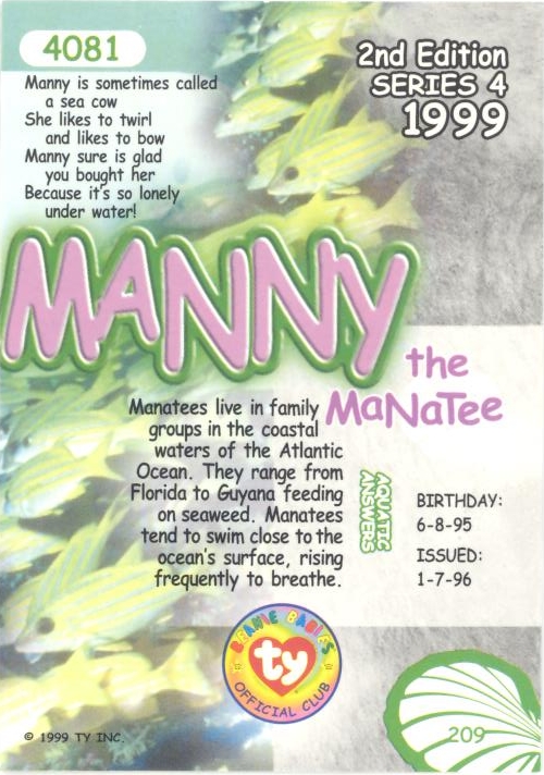 TY Beanie Babies BBOC Card - Series 4 Common - MANNY the Manatee ...