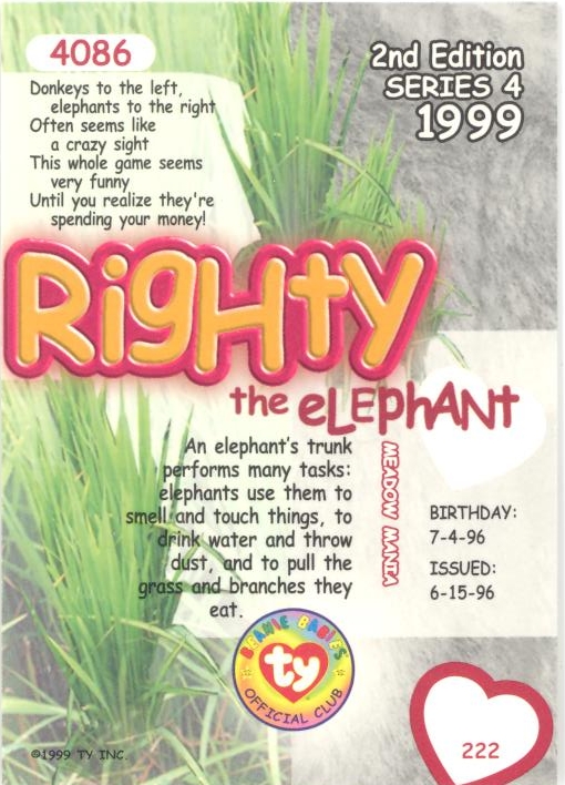 TY Beanie Babies BBOC Card - Series 4 Common - RIGHTY the Elephant ...